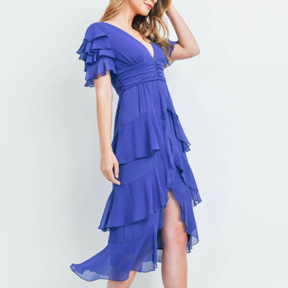 Dresses | Womens Pleated Asymmetrical Knee Length Maxi Long Vneck Royal Blue Dress Medium | Poshmark